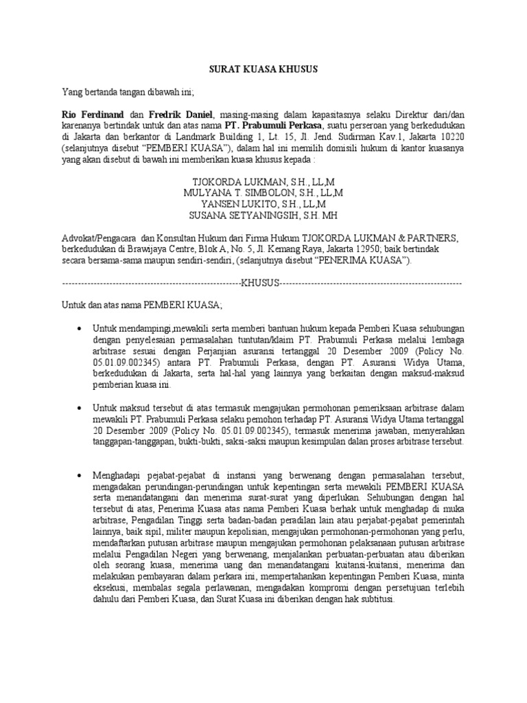 Contoh Surat Kuasa Arbitrase | PDF