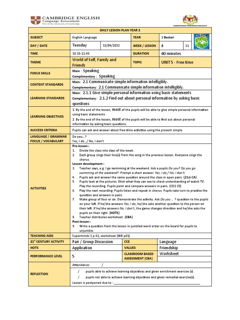 Year 2 English Lesson Plans: Free Time | PDF | Lesson Plan | Teachers