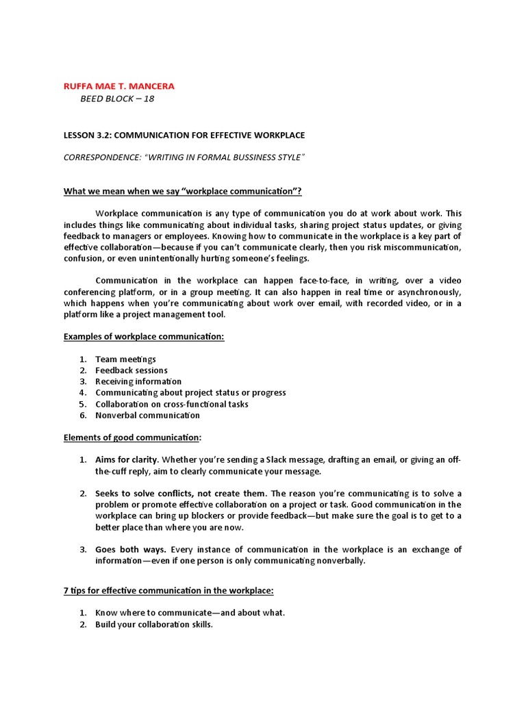 Lesson 3.2 Communication For Effective Workplace | PDF | Communication ...
