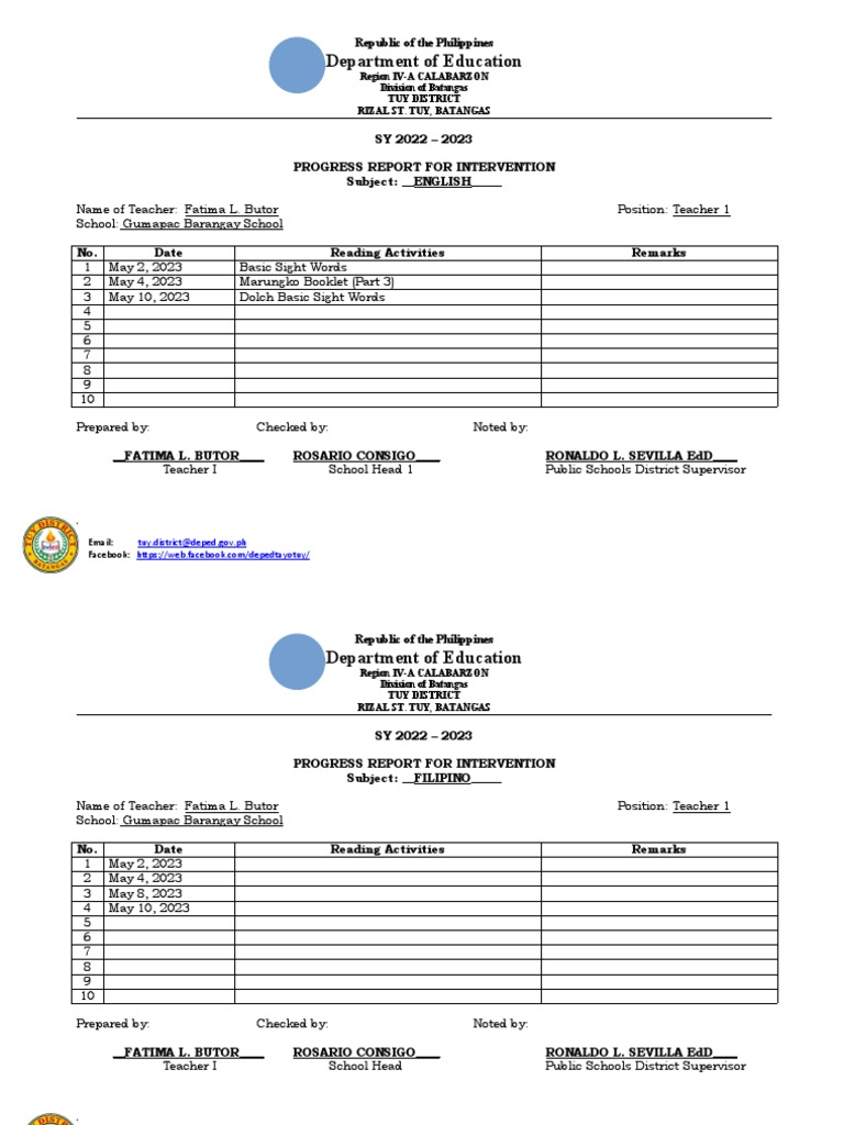 Progress-Report-for-Reading-Intervention | PDF | Philippines