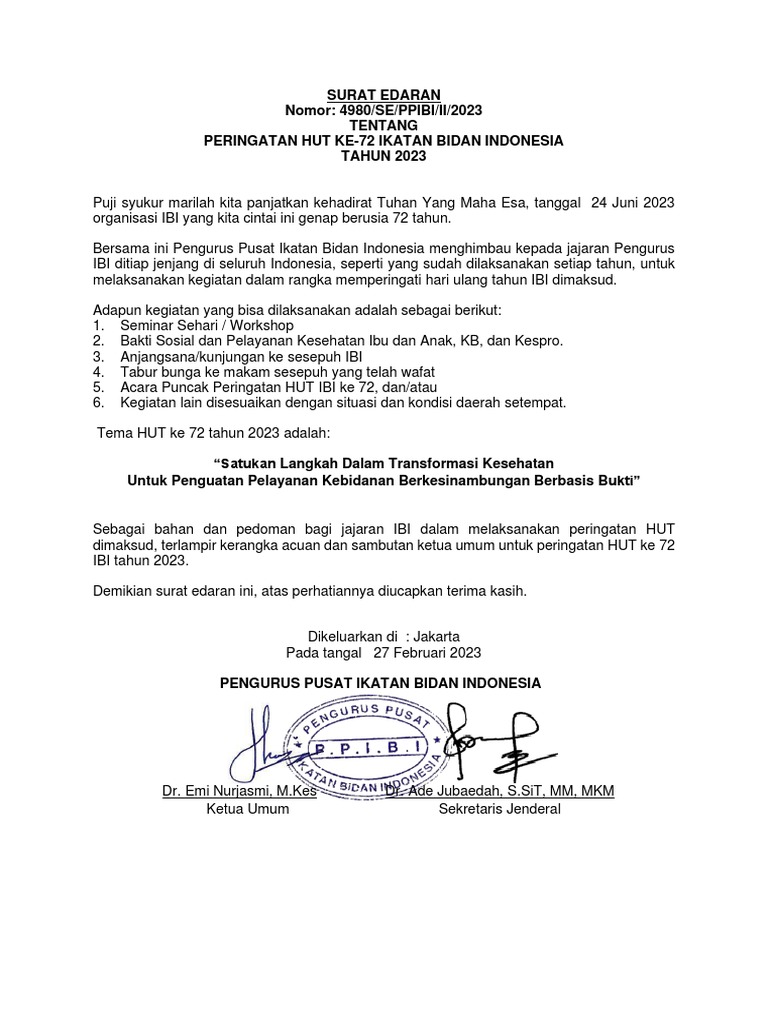 4980 Surat Edaran-ToR-Sambutan HUT IBI 72 2023-Rev 27 2 23 | PDF