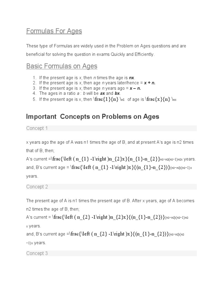 Formulas For Ages: Important Concepts On Problems On Ages | PDF | Human ...