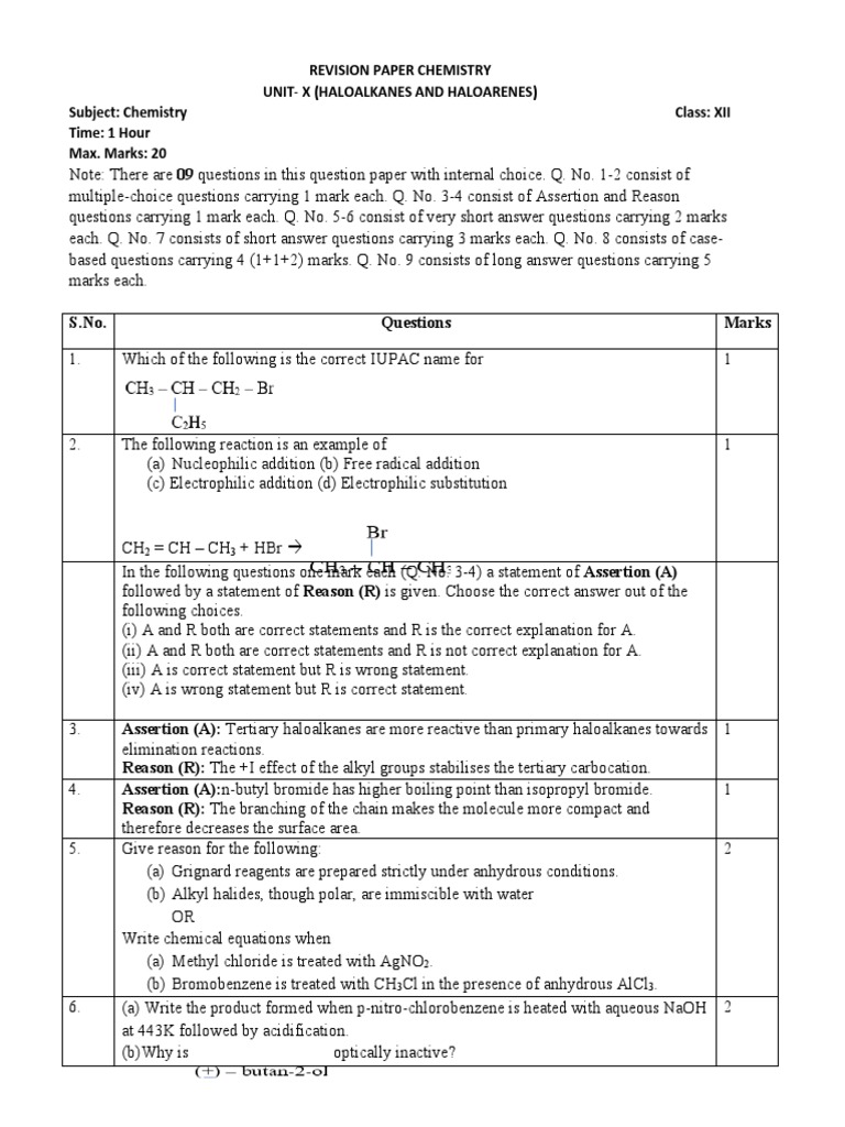 REVISION PAPER Halo alkanes and Halo arenes | PDF | Chemical Reactions ...