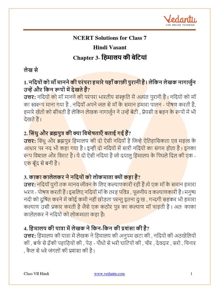 NCERT Solutions For Class 7 Hindi Vasant Chapter - 3 Himaalay Kee ...