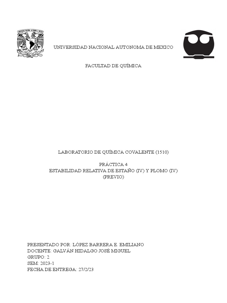 Previo Estabilidad de Plomo y Estaño 4 | PDF | Ion | Enlace químico