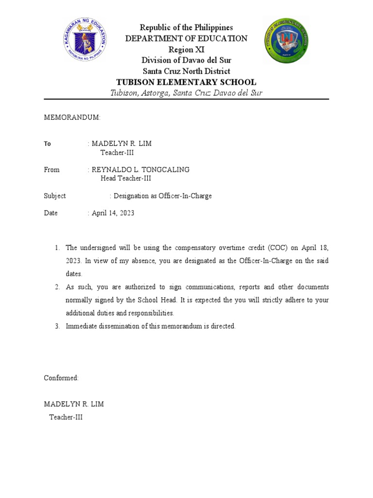 Memorandum Designation Oic | PDF