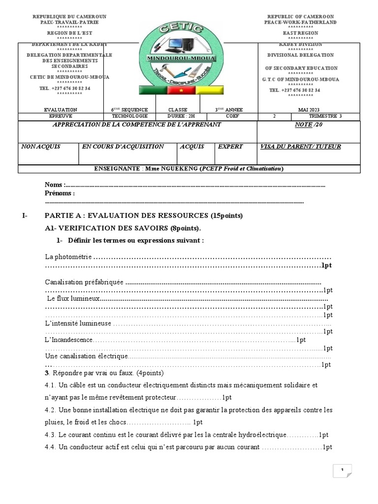 Epreuve de Technologie EE3 6eme Seq CETIC de Mindourou | PDF | Éclairage | Grandeur physique