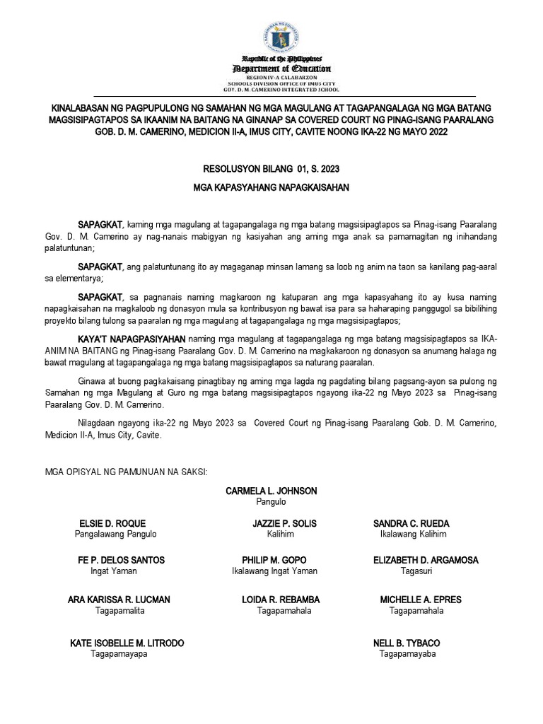 Resolusyon BLG 2022 2023 Graduation | PDF