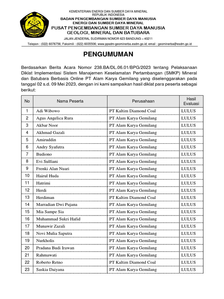 Hasil Diklat SMKP PT Alam Karya Gemilang | PDF