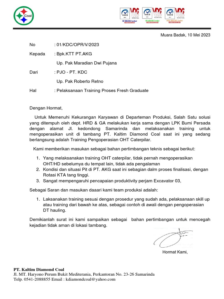 Surat Training Fresh Graduate | PDF | Teknologi & Rekayasa