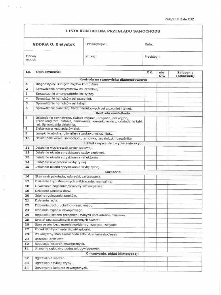 Lista Kontrolna Przegladu Samochodu | PDF