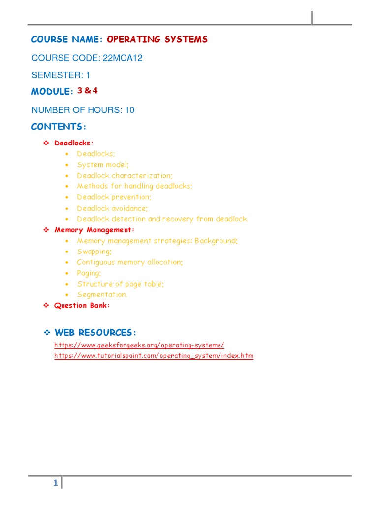 Operating Systems: Course Code: 22mca12 Semester: 1 | PDF | Process (Computing) | Library ...