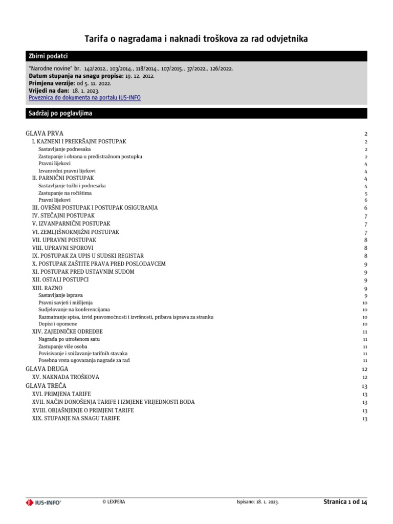 Tarifa o Nagradama I Naknadi Troskova Za Rad Odvjetnika Nesluzbeni Procisceni Tekst 1 | PDF