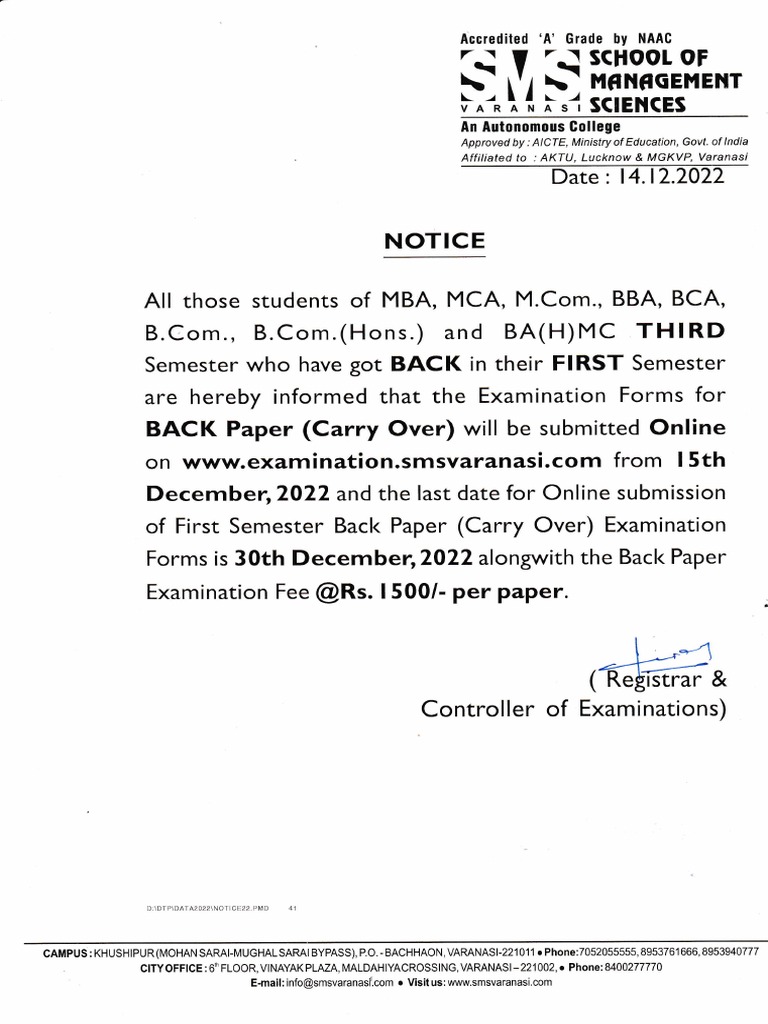 Back Paper (Examination) - Notice | PDF | Academic Degree | Educational Stages