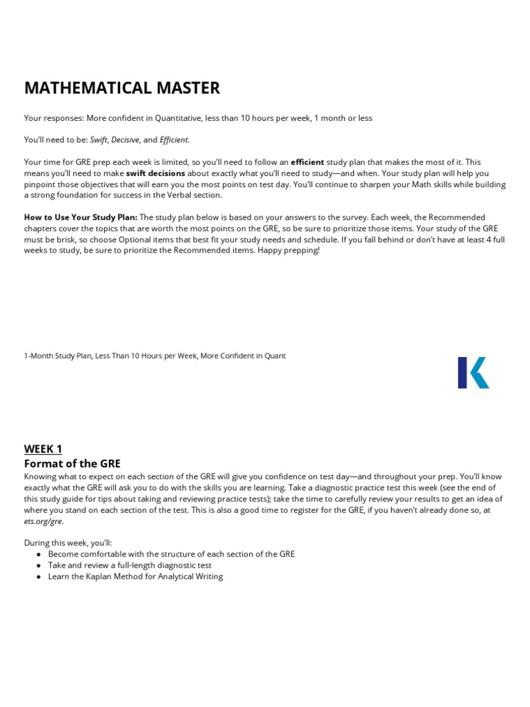 GRE Math Study Plan: 1 Month, 10 Hours | PDF | Graduate Record ...