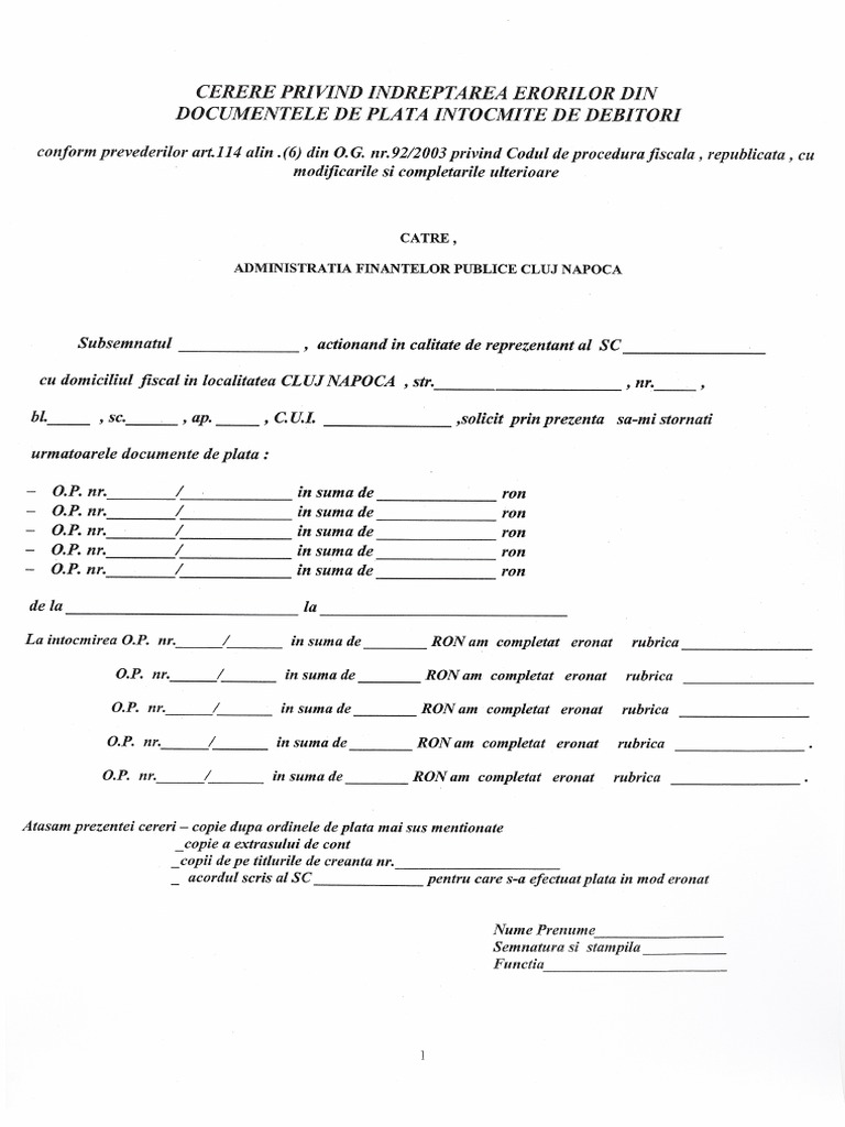 Cerere Erori de Plata ANAF | PDF
