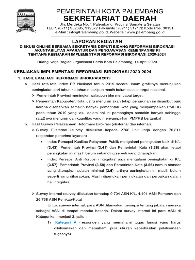 Laporan Hasil Diskusi Online RBKUNWAS Tentang Kebijakan Implementasi RB 2020-2024 | PDF