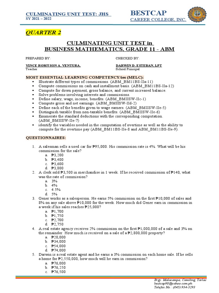 Business Math Test for Grade 11 ABM | PDF | Interest | Salary