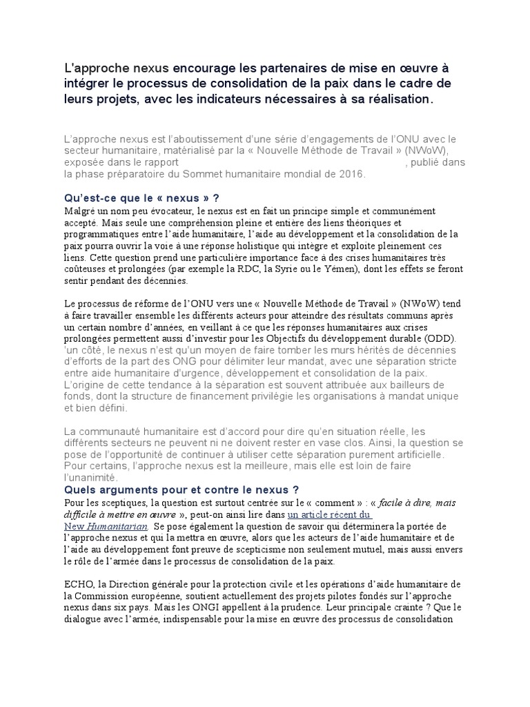 Nexus : Intégration Humanitaire et Développement | PDF | Consolidation ...