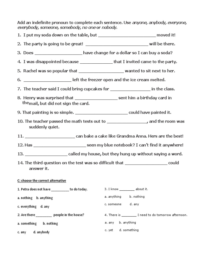Indefinite Pronouns Practice Exercises | PDF