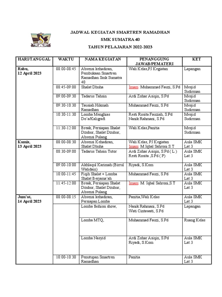 Jadwal Kegiatan Smartren Ramadhan 2023 | PDF