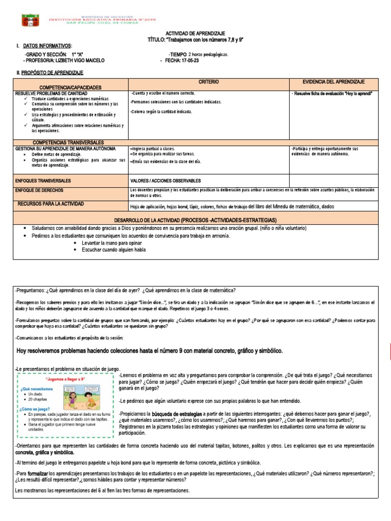 Actividad de Matemática Numeros Del 7 Al 9 | PDF | Aprendizaje | Evaluación