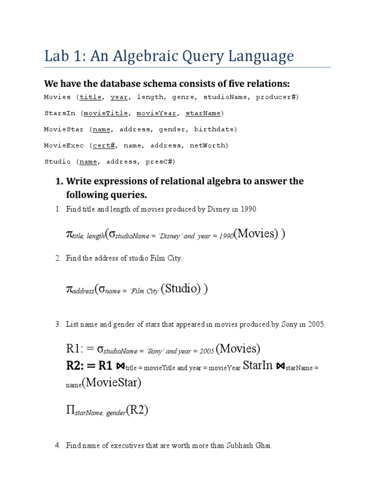 Lab1 RA Answer | PDF | Relational Model | Computer Data