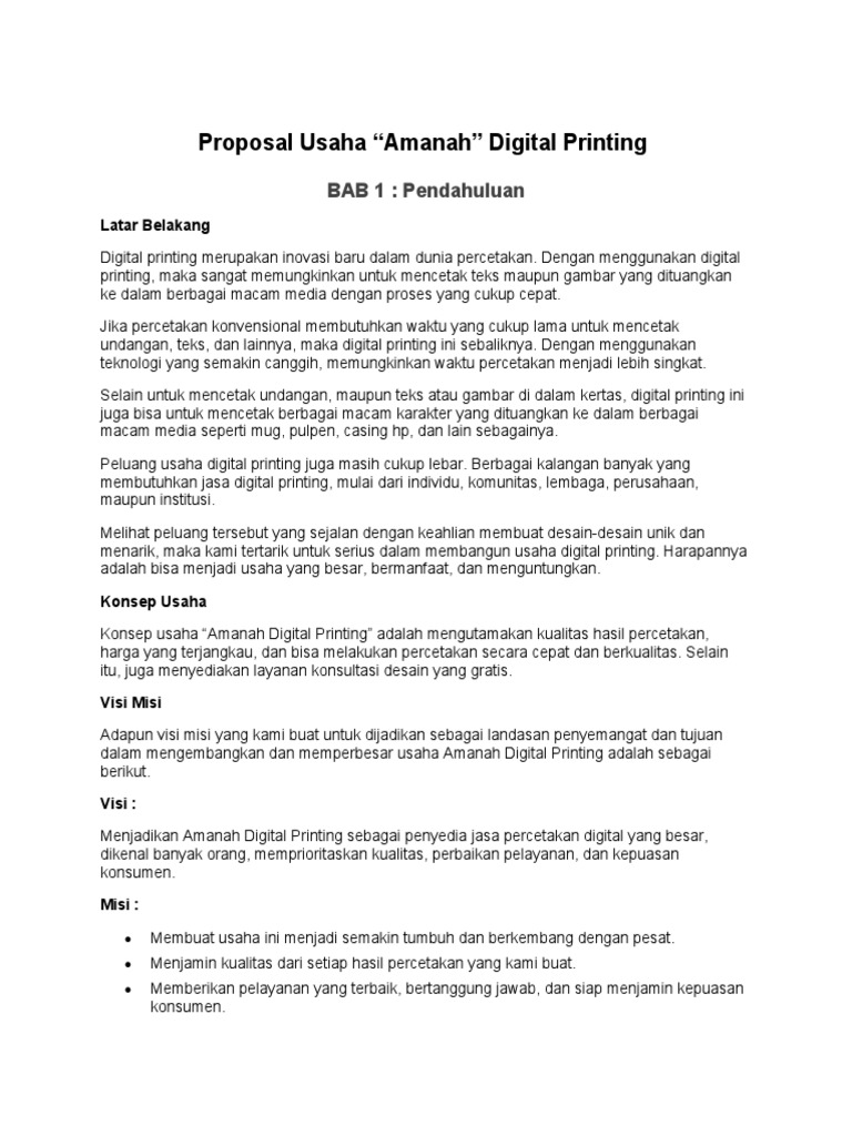 Proposal Usaha Amanah Digital Printing | PDF