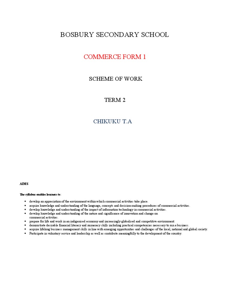 Commerce Scheme Form 1 Term 2 - 2017-1 | PDF | Educational Technology ...