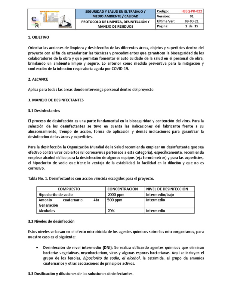 Protocolo de Limpieza y Desinfeccion Pedro Nel - V2 | PDF | Residuos | Agua