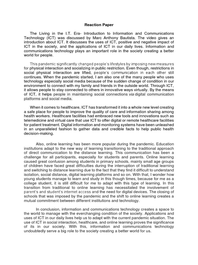 Living in The Era - Reaction Paper | PDF | Educational Technology ...