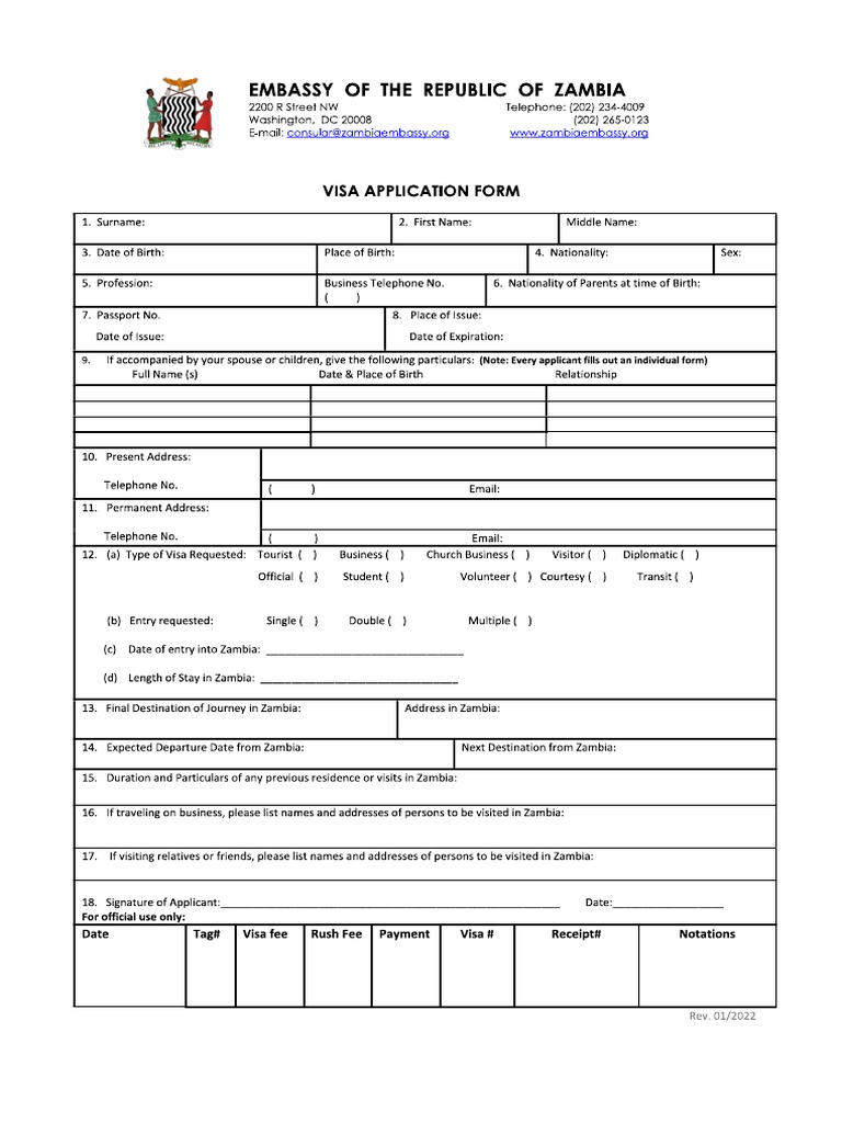 Zambia Visa Form | PDF