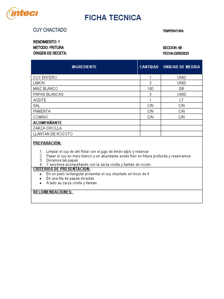 Ficha Tec Cuy Chactado | PDF