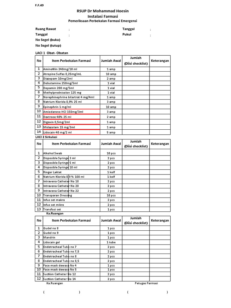 f.f.49 Pemeriksaan Kesesuaian Stok Checklist (Troli Emergency Dewasa ...