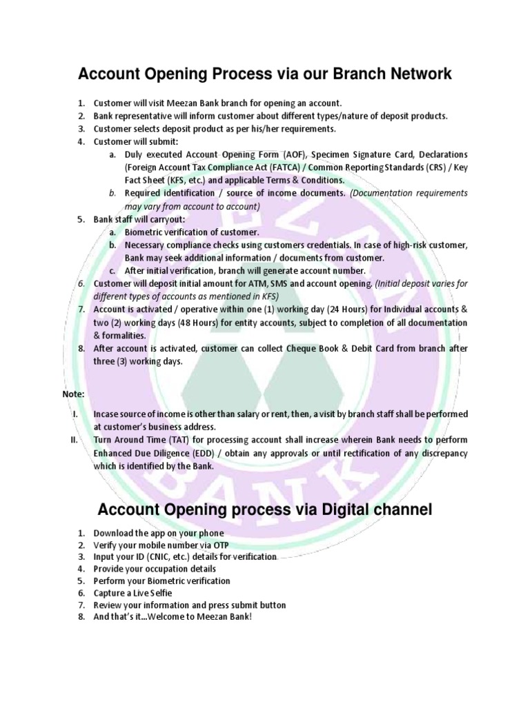 Account Opening Process PB Meezan | PDF | Banks | Cheque