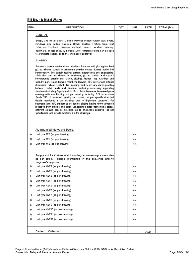 Metal Works Bill for Villa Project | PDF | Window | Curtain