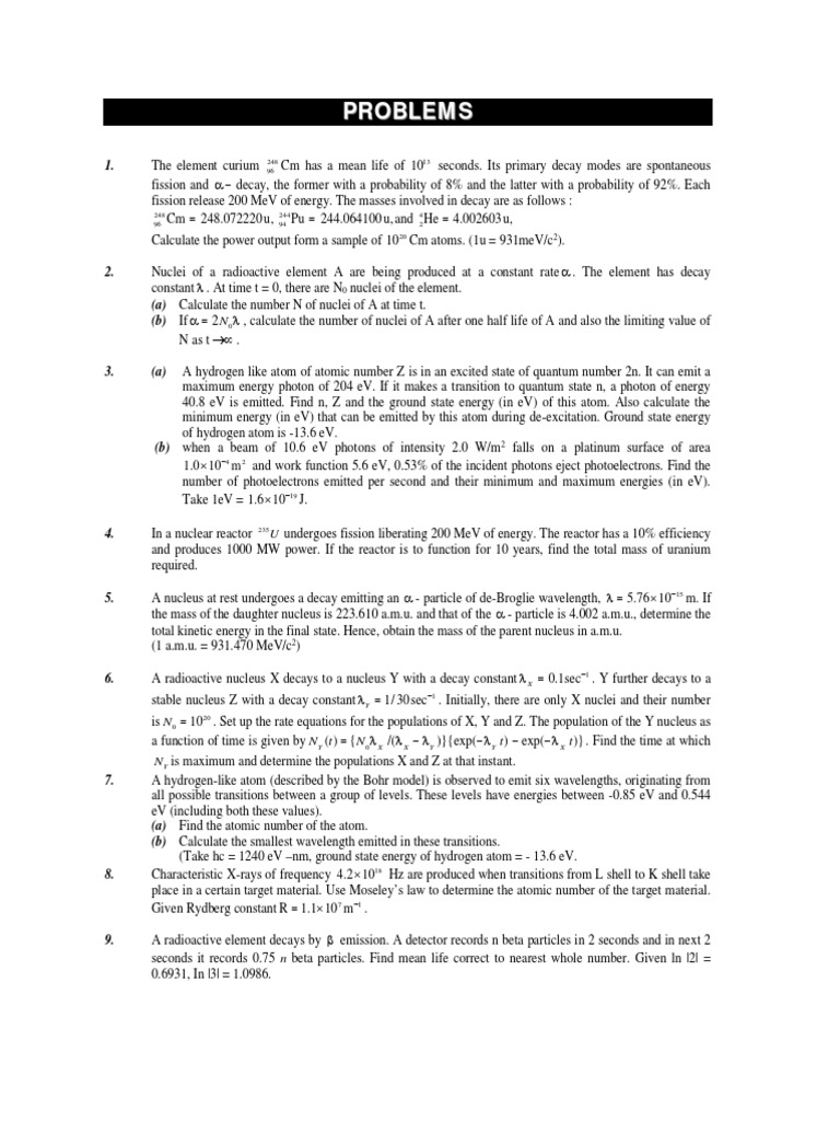 Modern Physics-07-Subjective Unsolved Problems Level-1 | PDF ...