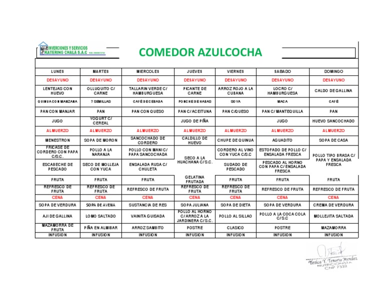Rol de Menu | PDF | Almuerzo | Comida y bebida