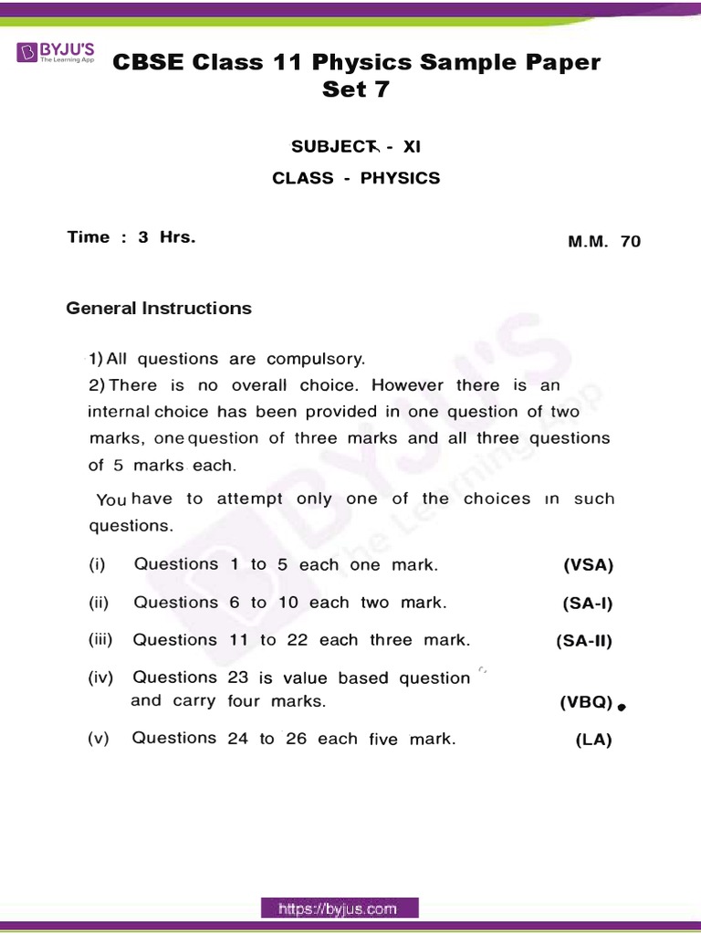 CBSE Class 11 Physics Sample Paper Set 7 | PDF | Science & Mathematics