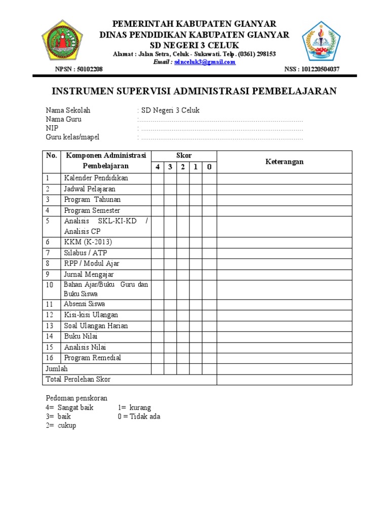 Instrumen Supervisi Administrasi Pembelajaran | PDF