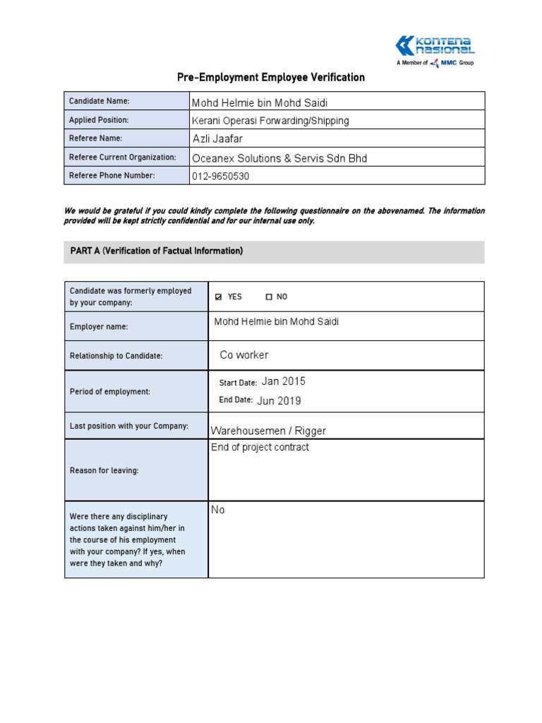 Pre Employment Employee Verification Oceanex | PDF | Employment | Business