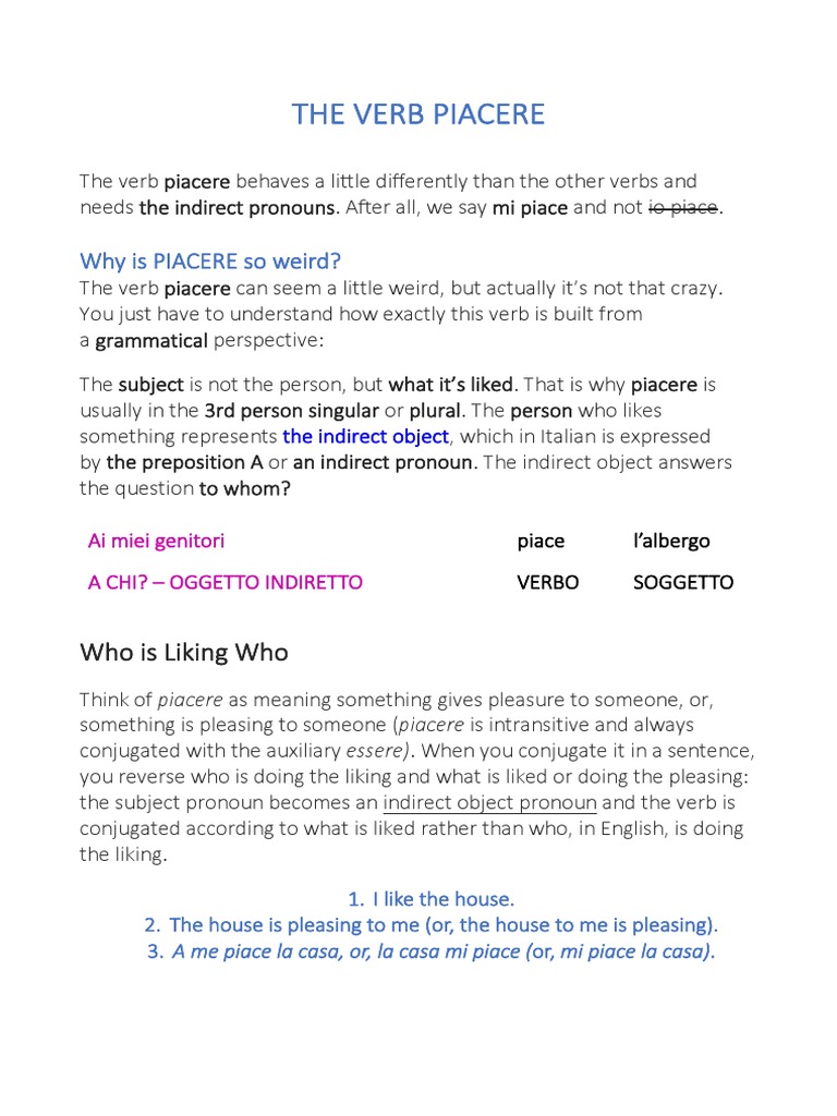 The Verb Piacere | PDF | Verb | Grammatical Conjugation