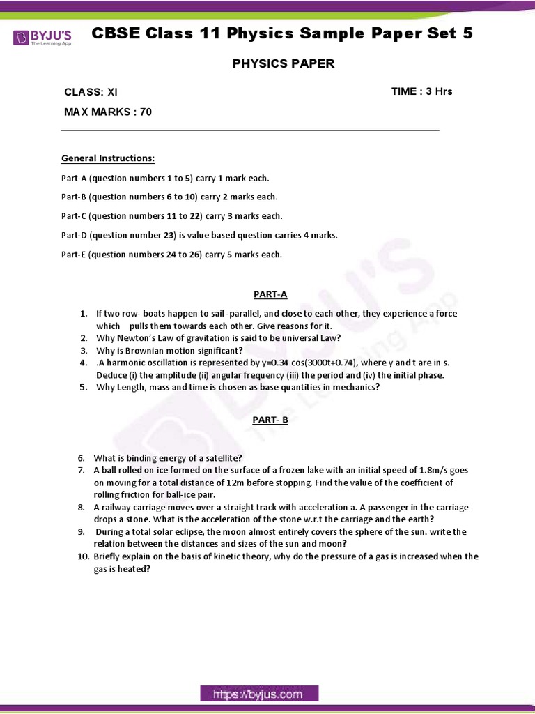 CBSE Class 11 Physics Sample Paper Set 5 | PDF | Force | Rotation Around A Fixed Axis