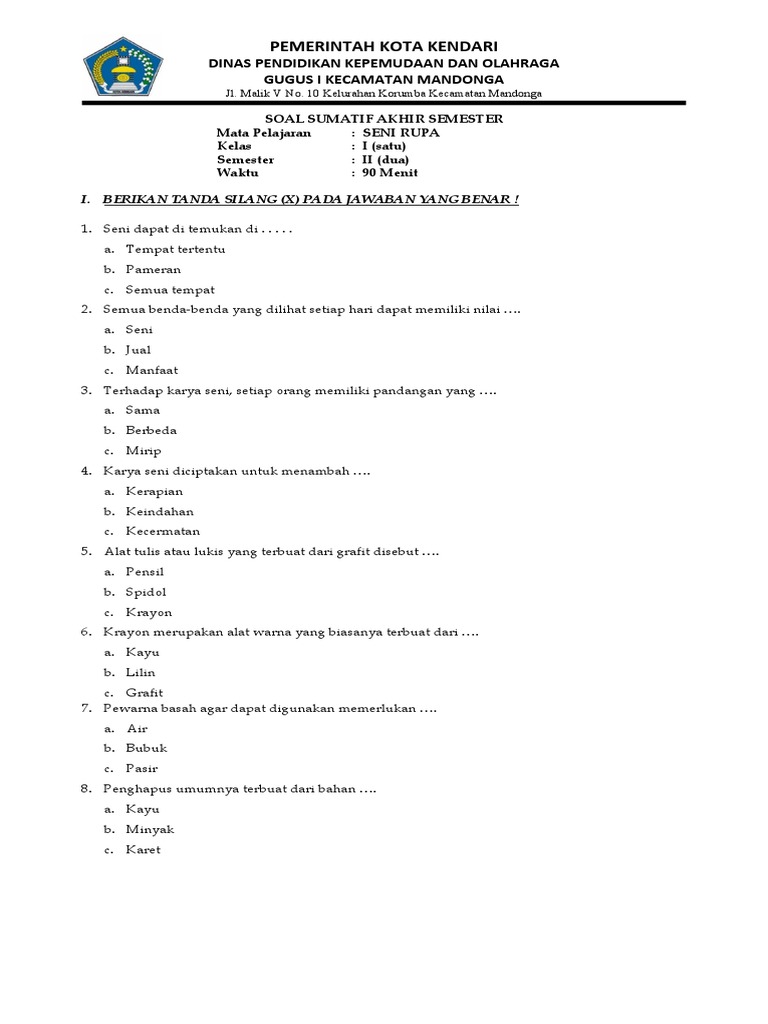 Soal Sas Seni Rupa Kelas 1 | PDF
