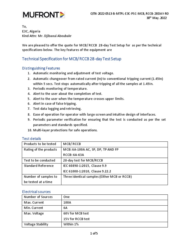 Qtn-2022-0513-B-Mtpl-E3c-Psc-Mcb, RCCB-28 Day-R0 | PDF | Voltage ...