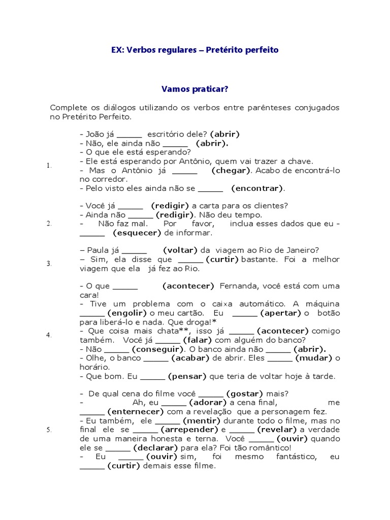 EX Verbos Regulares Pretérito Perfeito | PDF