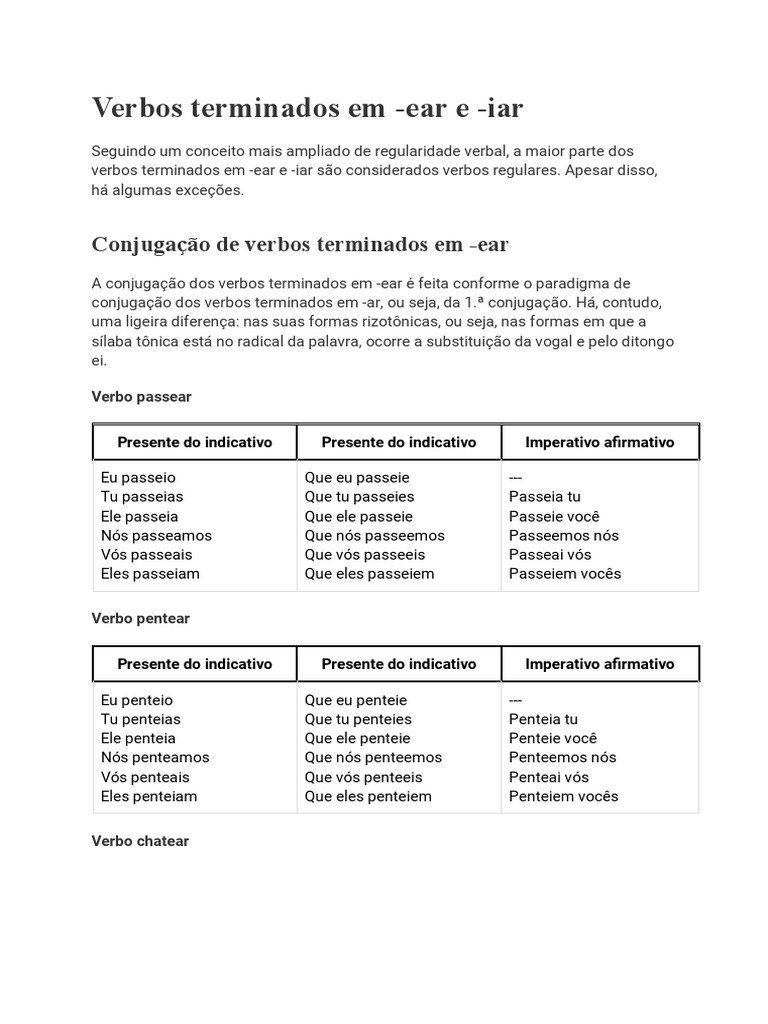 Conjugação de Verbos -ear e -iar | PDF | Linguística | Comunicação humana