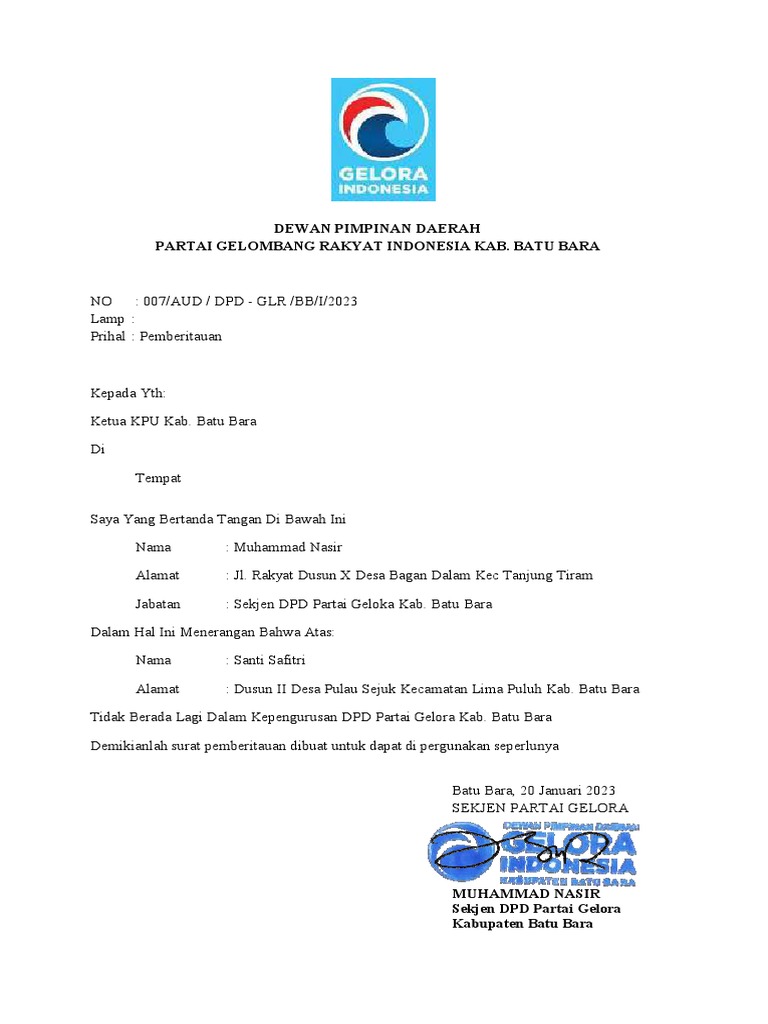 Surat Pernyataan Partai Gelora | PDF