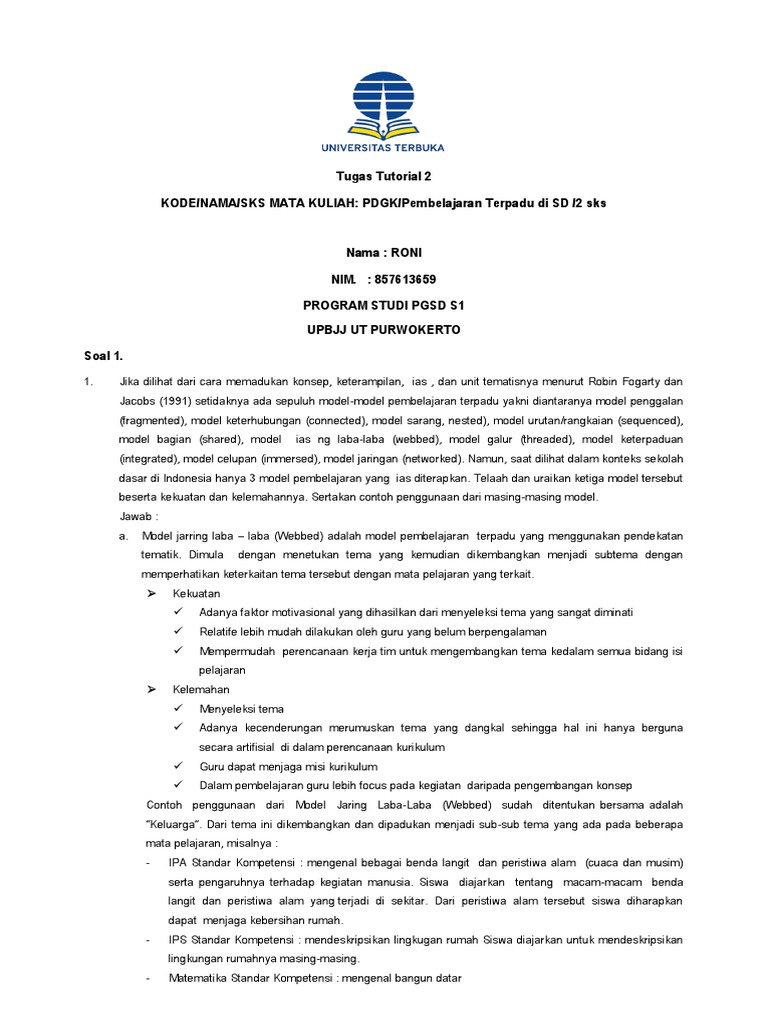 Roni - Tugas Tutorial 2 - Pembelajaran Terpadu Di SD | PDF | Karier ... Roni - Tugas Tutorial 2 - Pembelajaran Terpadu Di SD | PDF | Karier ...