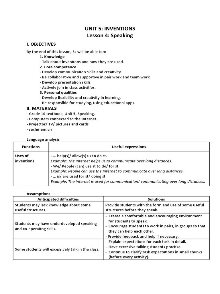 Lop 10 Unit 5 Speaking | PDF | Communication | Creativity